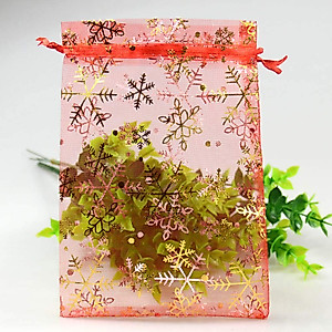 SUNGULF 100pcs Organza Pouch Bag Drawstring Gift Bags (Red Gold Snowflake, 5x7 Inch)