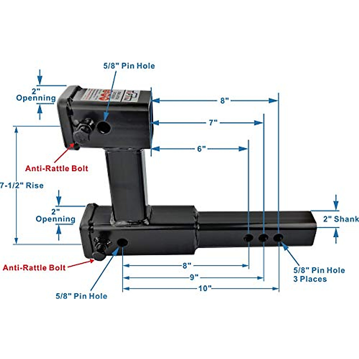 TOPTOW 64131 Dual Hitch Extension, 2 inch Towing Receivers, Extends Adjustable Length, 4,000lbs