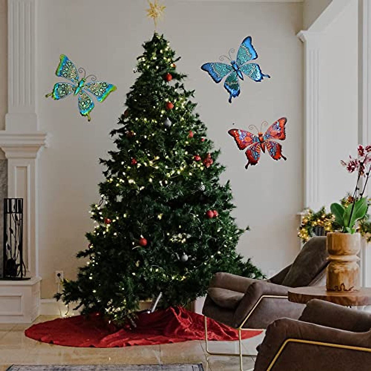 HONGLAND Metal Butterfly Wall Decor Indoor Outdoor Wall Art Metal Glass Butterfly Sculptures 2 Pack for Home Garden Fence Patio