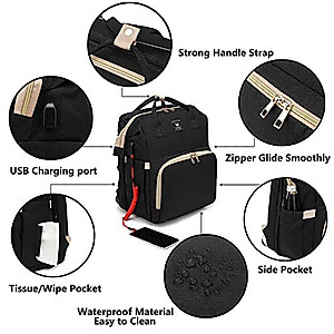 Lamroro Diaper Bag Backpack, Baby Nappy Changing Bags Multifunctional Travel Backpack, Large Capacity, Waterproof, Sunshade, Built-in USB Charging Port Stylish Black