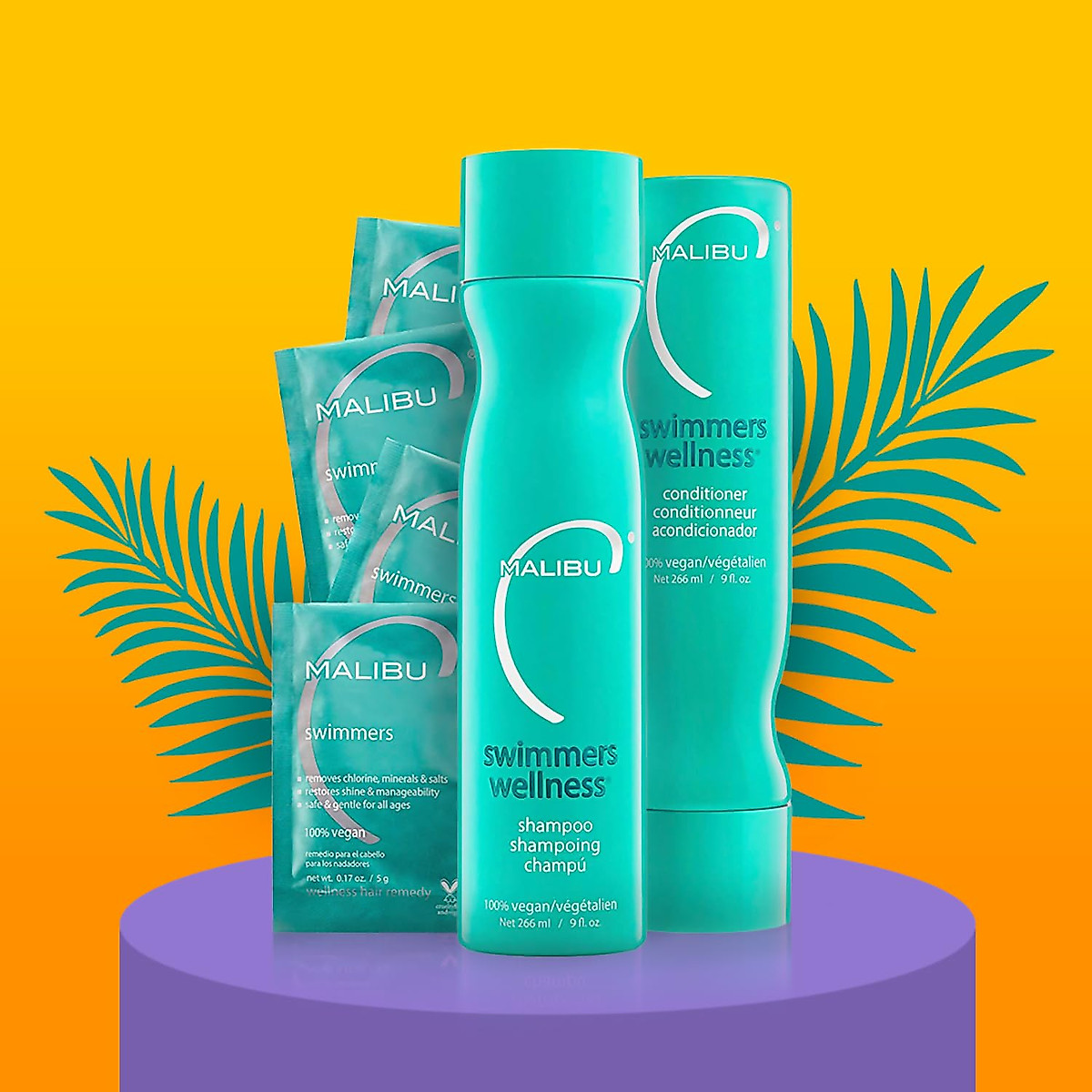 Malibu C Swimmers Wellness Collection - Swimmers Shampoo and Conditioner Set + Hair Mask Packets - Moisturizing, Shine Restoring Hair Care Kit - Protects Hair Discoloration from Pool Elements (6 Ct)