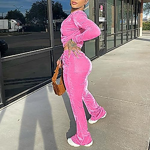 plus size 2 piece outfits for women Lounge Sets for Women Zip Up Casual 2 Piece Pant Sets Long Sleeve Hooded Sweatshirts Comfy Velvet Fashion Outfits Pink XL