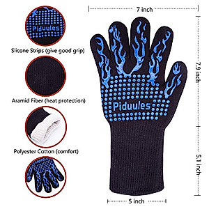 Piduules BBQ Grill Gloves, 1472°F Heat Resistant Non-Slip Grill Mitt with Elastic Cuff for Frying, Barbeque, Cooking, Baking, Oven, Cutting,14 Inch (Blue)