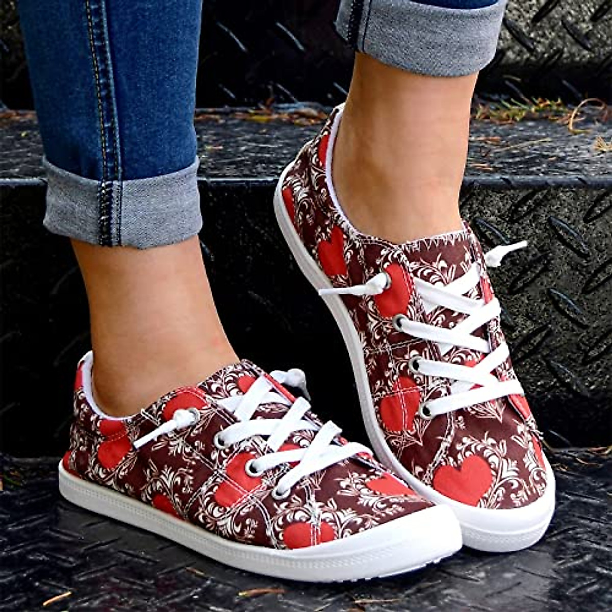 Women Shoes Casual Valentine Day Love Printing Sports Shoes Canvas Fashion Casual Shoes Flip Flops with Slight Heel Red