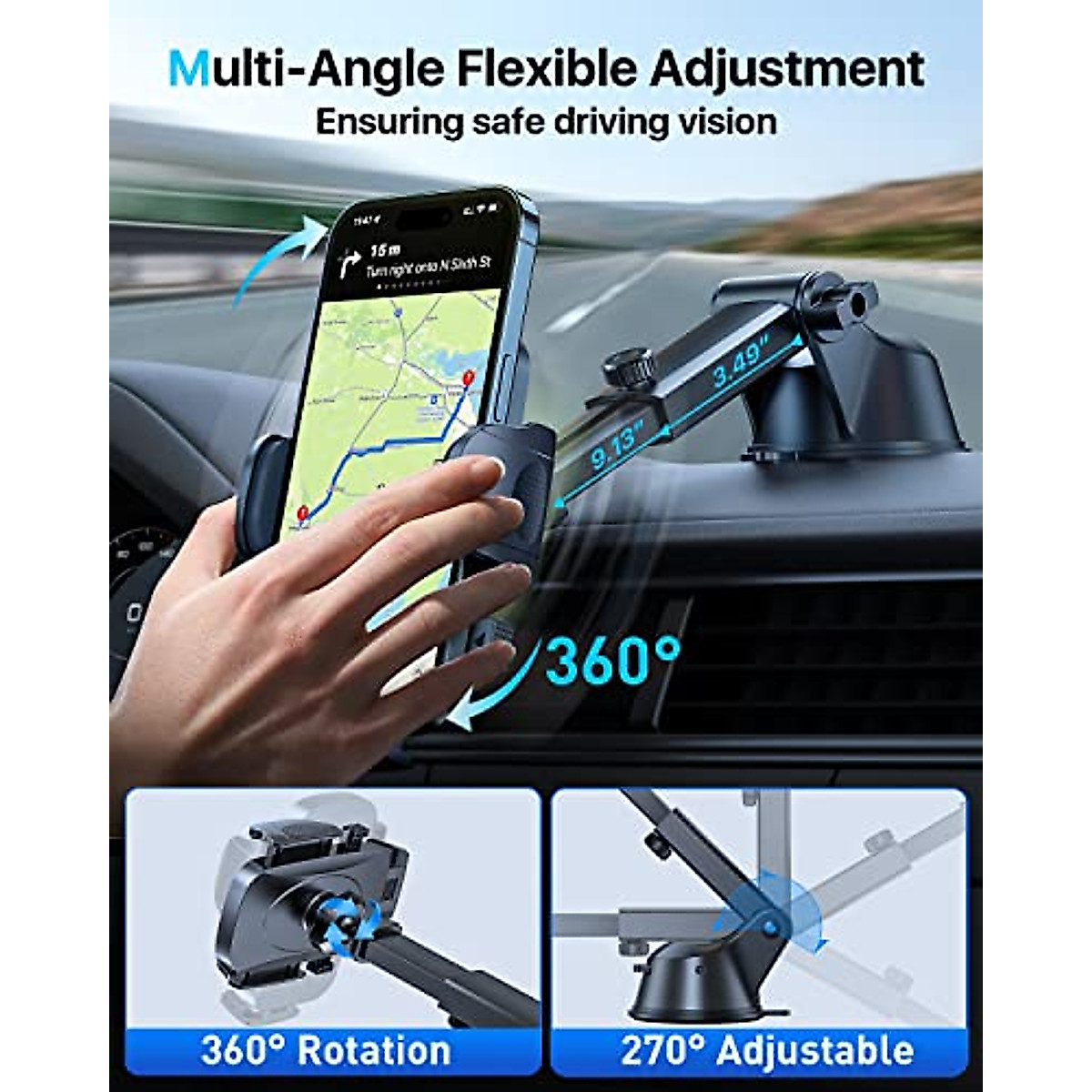HTU Cell Phone Holder for Car [Powerful Suction Cup Never Fall] Universal Car Phone Holder Mount for Dashboard Windshield Air Vent Long Arm Cell Phone Car Mount Thick Case Heavy Phones Friendly