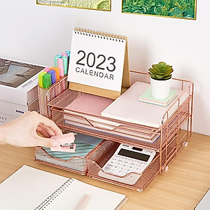 Youbetia Desktop Organizer, 3 Drawer Jewelry Organizer with Pen Holders, Rose Gold, for Office Supplies and Skincare