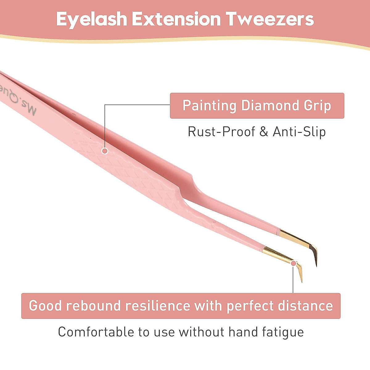 Ms.Queen Lash Extension Tweezers,Diamond Grip 90 Degree False Lashes Tweezers 3D 6D Mink Eyelash Make Fans