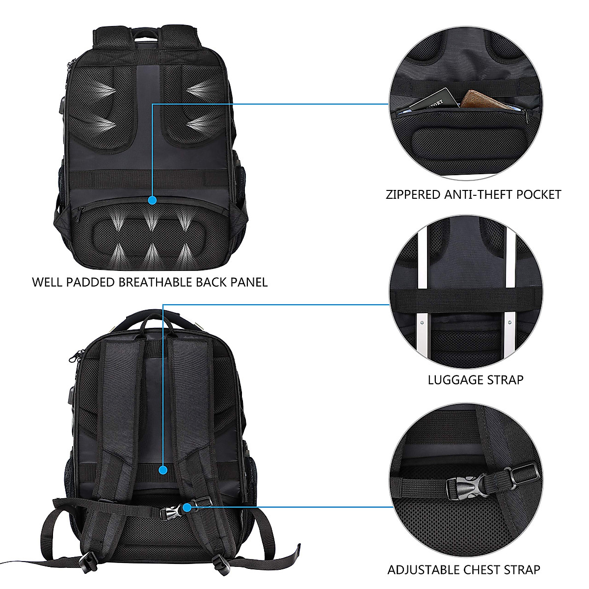 KROSER TSA Friendly Travel Laptop Backpack 17.3 inch XL Computer Backpack Water-Repellent College Daypack Business Backpack with RFID Pockets & USB Port for Men/Women-Black