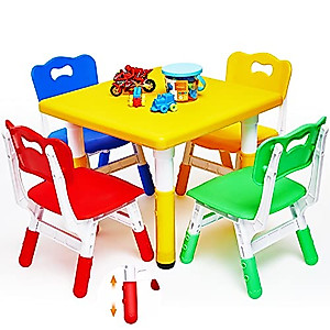 BBTO Kids Study Table and 4 Chair Set Height Adjustable Children Table and Chairs Set Kids Dining Table with Chairs for Toddler Ages 3-10, for Home, Daycare, Classroom, Easy to Wipe