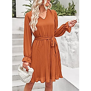 PRETTYGARDEN Women's Casual Spring Fall Dresses Long Puff Sleeve V Neck Pleated Ruffle Flowy Belted Dress (Brick Red,Medium)