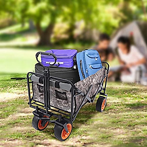 Collapsible Foldable Wagon with Brakes, Heavy Duty Utility Wagon Cart, Large Capacity Grocery Wagon for Camping Garden Beach Shopping,Handle Adjust