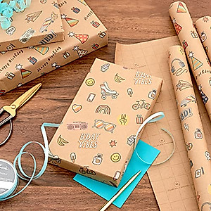 Hallmark Recyclable Wrapping Paper with Cutlines on Reverse (3 Rolls: 60 sq. ft. ttl) Kids Birthday, Retro Icons, Roller Skates, Skateboard