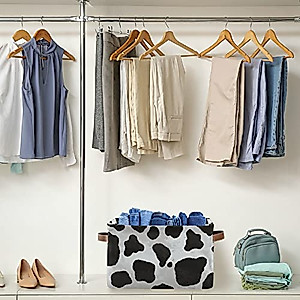 Foldable Storage Basket Cow Pattern Fabric Collapsible Organizer Basket with PU Handles, Decorative Baskets for Shelves Home Closet Bedroom Living Room - 1 Pack