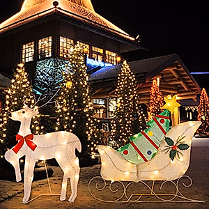 ATDAWN Lighted Christmas Reindeer Sleigh Outdoor Yard Decoration, 50 Lights Christmas Deer Outdoor Decoration, Outdoor Lighted Holiday Deer Christmas Yard Decoration Light Up Display