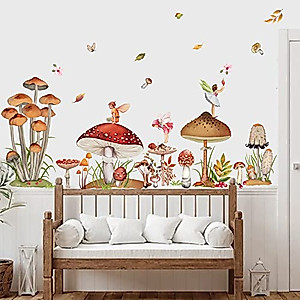 decalmile Woodland Mushroom Wall Decals Fairy Fall Leaf Wall Stickers Girls Bedroom Living Room Kitchen Wall Door Decor