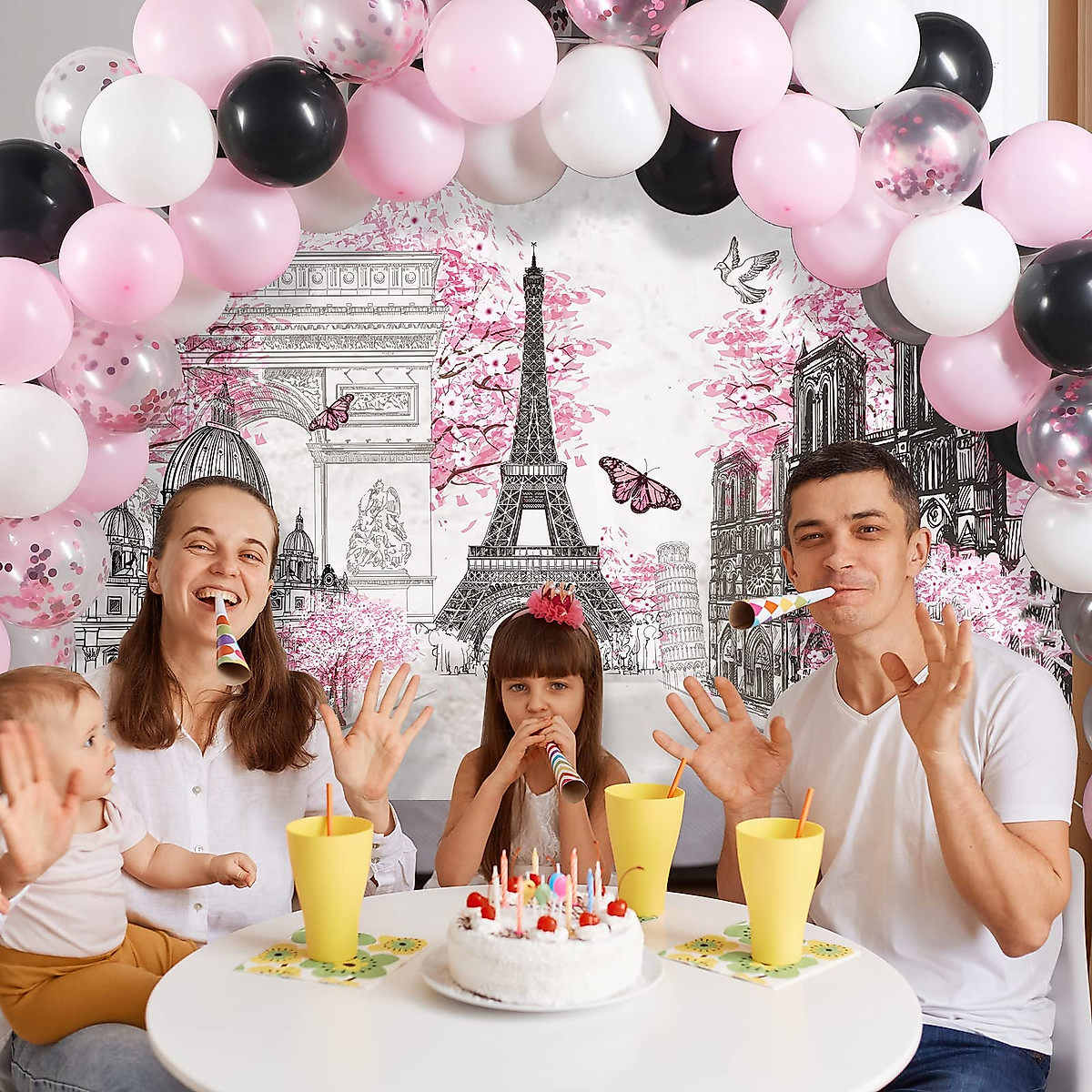 76 Pcs Paris Party Supplies Set Pink Paris Theme Party Decoration Eiffel Tower Party Backdrop White Pink Black Balloon Arch Garland Kit for Kid Boy Girl Birthday Decoration