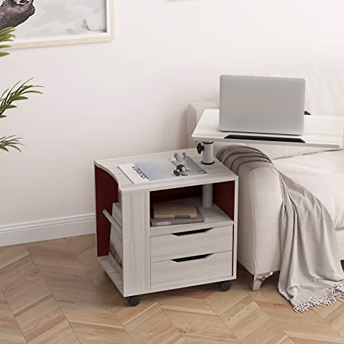 SogesHome Height Adjustable Nightstand with Lockable Wheels, Over-Bed Movable Bedside Table with 2-Drawers, Bedroom Side Storage Cabinet with 1-Open Cube, Maple