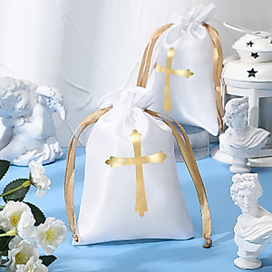 PerKoop 50 Pcs Baptism Satin Gift Bags with Drawstring 4 x 6 Inch Religious Party Favor Candy Bags Cross Gift Bag Jewelry Pouches for Christmas Baptism First Communion(White)