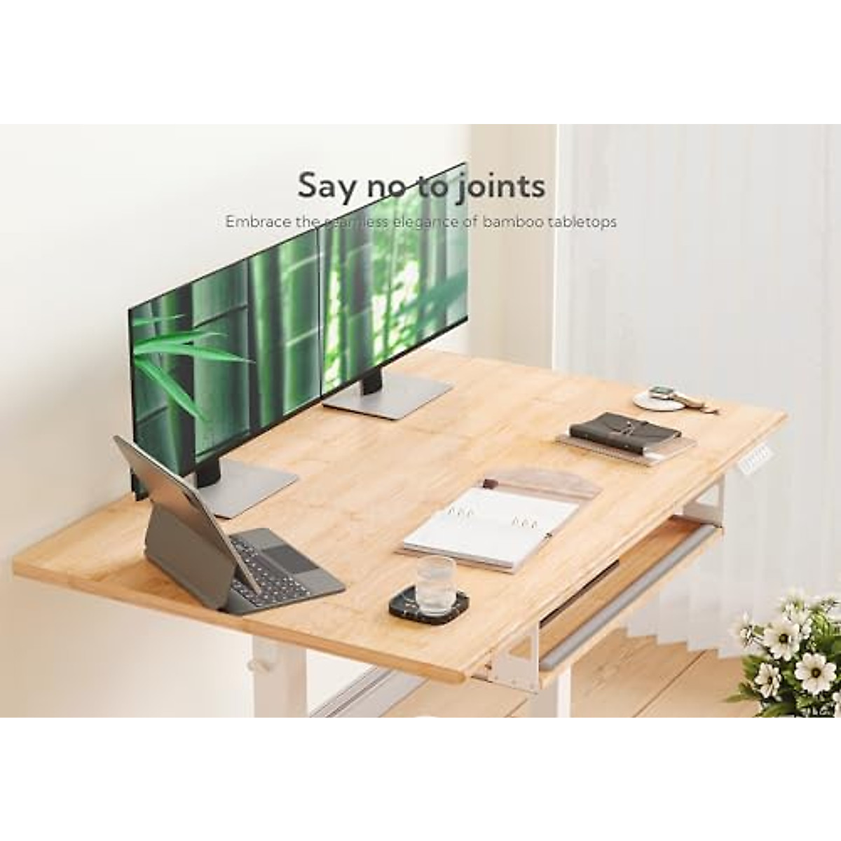 INNOVAR Bamboo Electric Standing Desk, 48×24 Inch Adjustable Desk with Keyboard Tray, Stand up Home Office Desk with Whole-Piece Board, White Frame/Bamboo Top