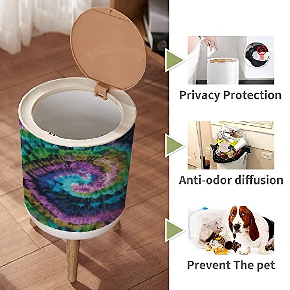 Small Trash Can with Lid Black Tie Dye Swirl Paint Brush Colored Tie Dye Multi Swirl Spiral Garbage Bin Wood Waste Bin Press Cover Round Wastebasket for Bathroom Bedroom Diaper Office Kitchen