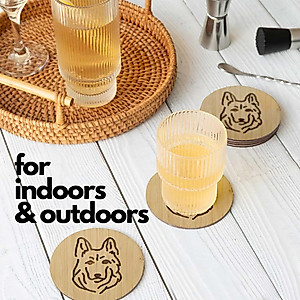 Set of 6 Bamboo Coasters with Holder - 3.9 Inch Fun Dog Coasters - Non-Stick Absorbent Engraved Laser-Cut - Durable, Washable (German Shepherd)