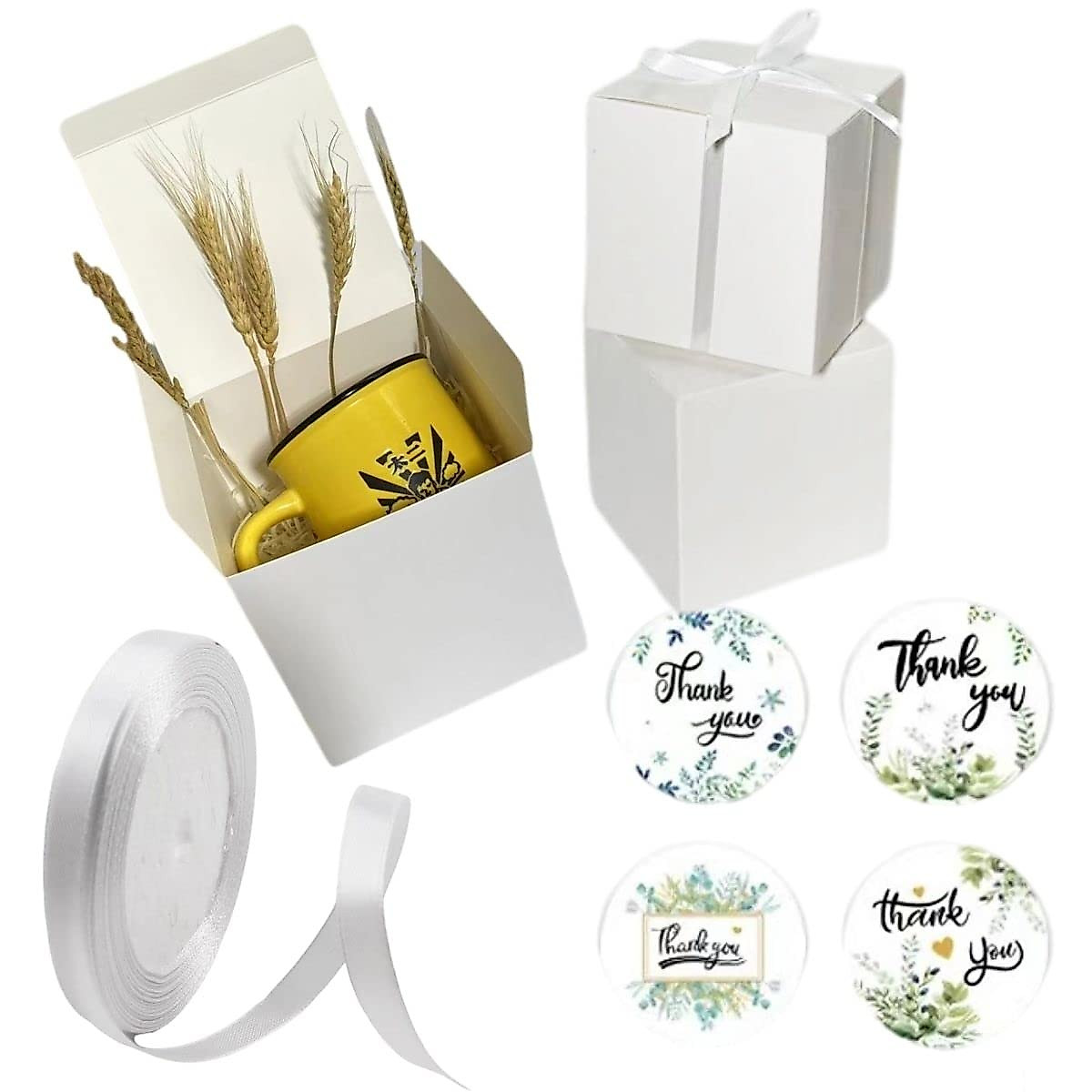 XCXGYCA White Gift Boxes 15 Pack 5x5x5 IN Small Gift Boxes With Lids for Birthday Party Gift Boxes, Bridesmaid Proposal Gift,Christmas Gift Boxes,Graduation, Holiday, With 15 Thank You Stickers ,With