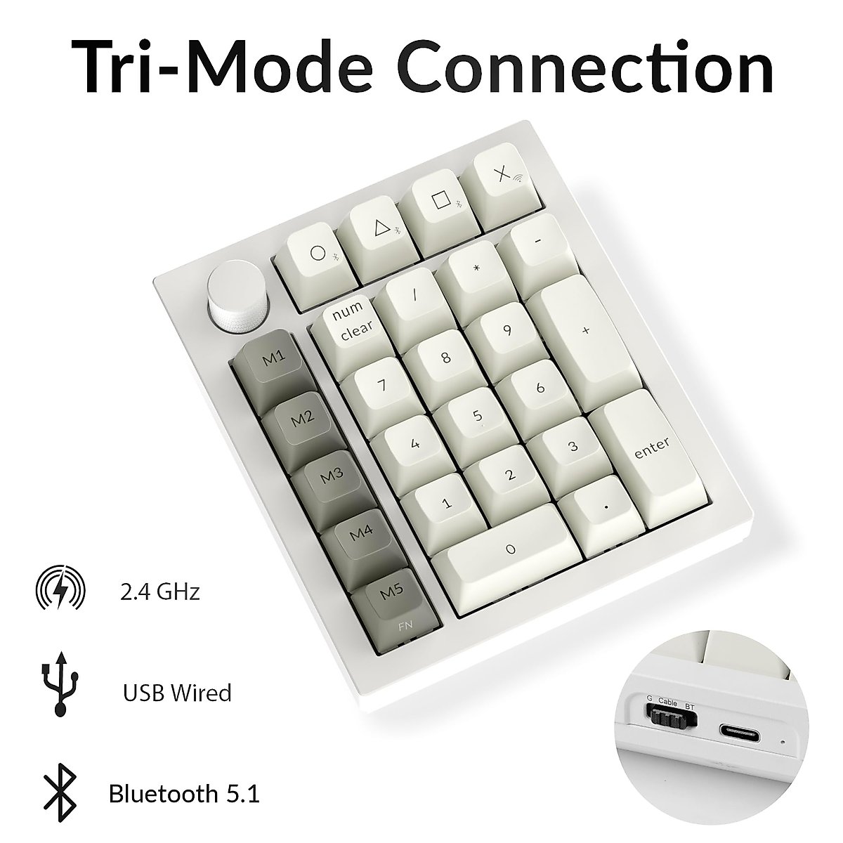 Keychron Q0 Max Wireless Custom Mechanical Numpad, 2.4 GHz/Bluetooth 5.1/Wired QMK Number Pad, RGB Hot-Swappable with Gateron Brown Switch for Laptop Mac Windows Linux - White