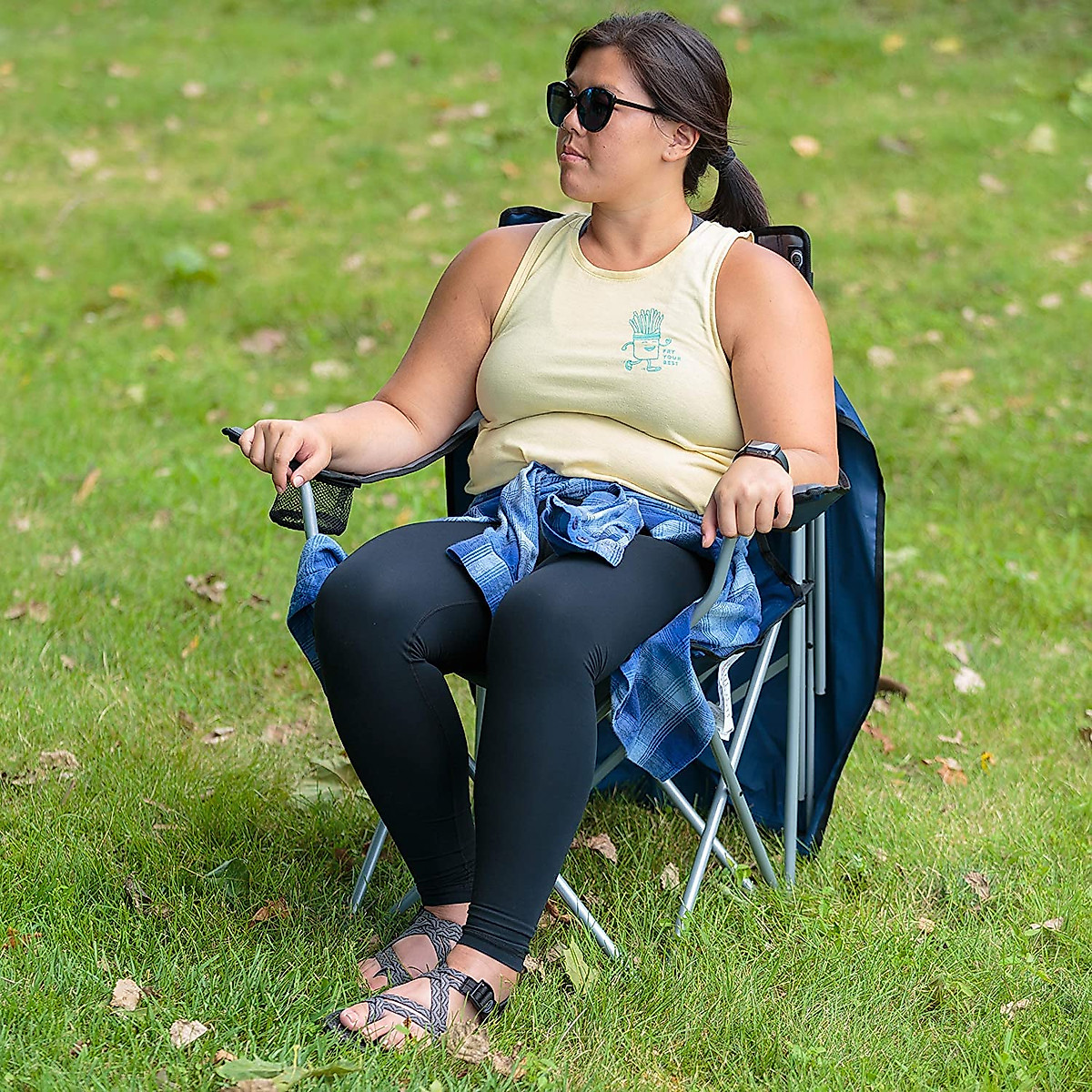 PORTAL Folding Sun Protection Lawn Chair with Canopy and Cup Holder for Outdoor Camp Park Patio Beach Picnic, Support 300 LBS, Blue/Grey