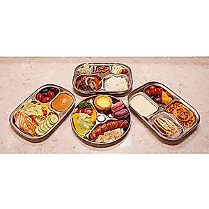 Korean Stainless Steel Divided Plates, Kids Toddlers Babies Tray, BPA Free, Diet Food Control, Camping Dishes, Compact Serving Platter, Dinner Snack, 3 Compartment Plate Silver, Set of 2
