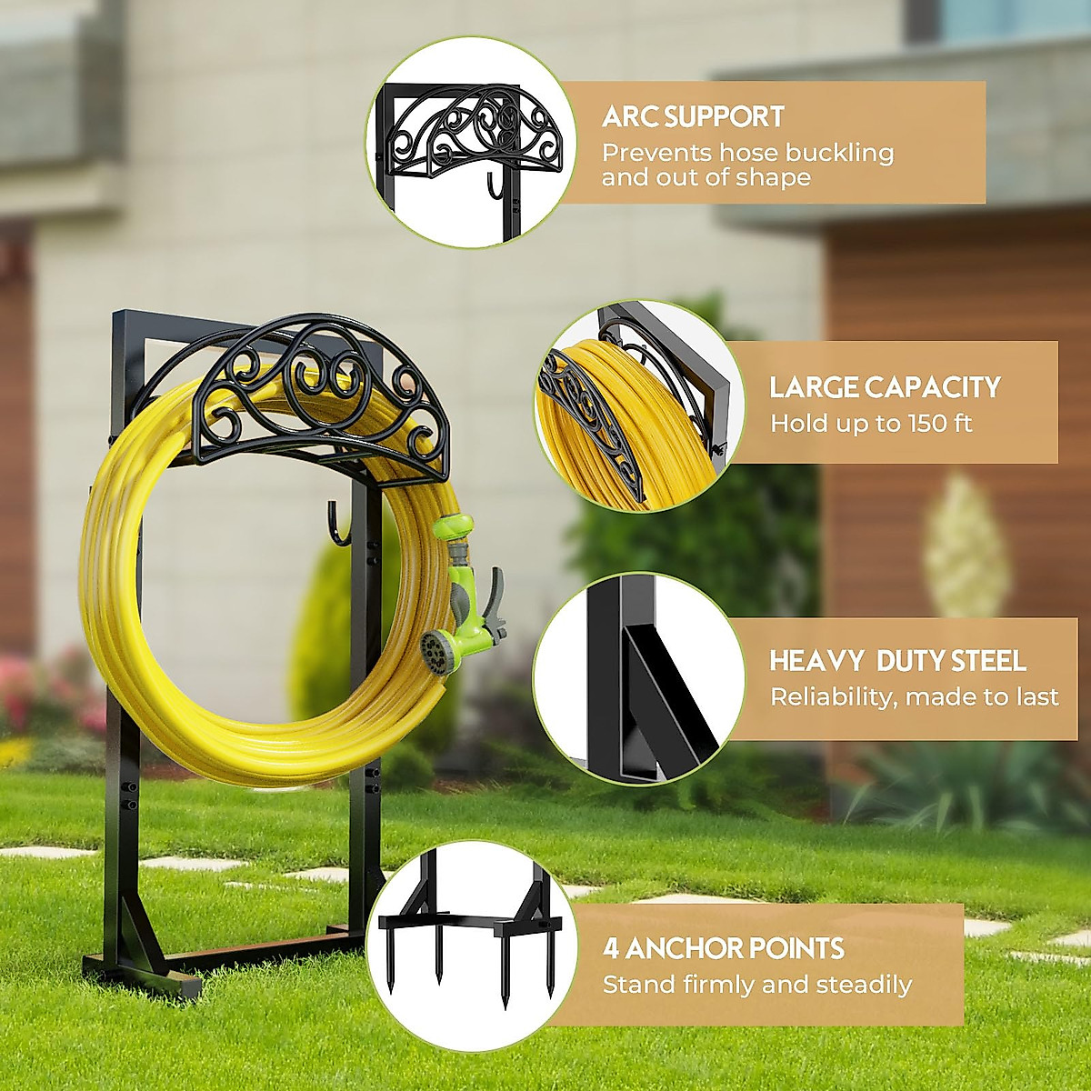 Patiobay Garden Hose Holder, Detachable Metal Water Hose Holder, Freestanding Heavy Duty Hanger Storage Stand for Outside Yard