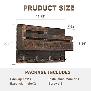 VZONE Wooden Key Holder Wall Mount - Rustic Mail Holder for Wall, Made of Natural Solid Wood Mail Organizer with 4 Double Key Hooks for Entryway, Hallway, Mudroom 11.73" x2.63x7.08