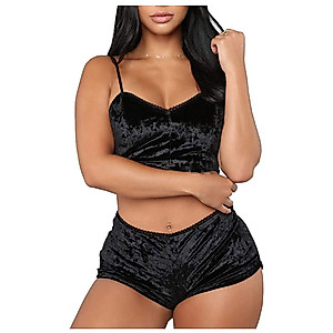 AWIBMK Women Lingerie Sexy Sets Velvet 2 Piece Outfit Spaghetti Strap Sleeveless Crop Top+ Mini Lace Trim Boy Shorts Babydoll Lingerie Pajama Set Sleepwear Nightwear Black 3XL
