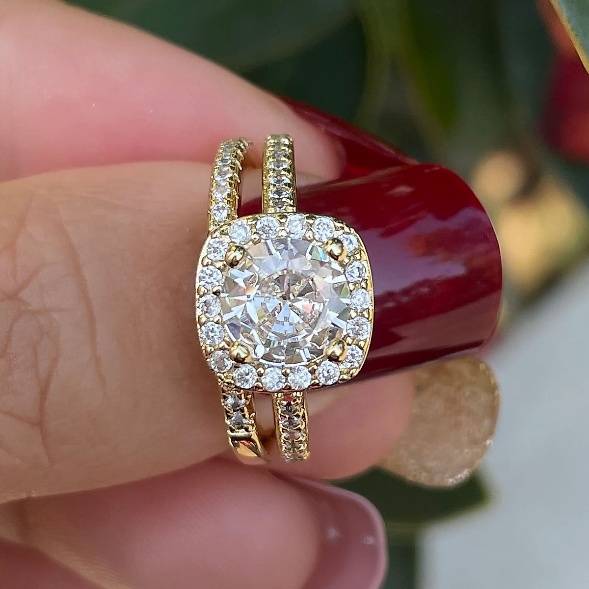 Ahloe Jewelry CEJUG 18K Gold Plated Wedding Rings for Women Engagement Bridal Ring Set Wedding Bands Halo Round Golden 1.5Ct Cz Size 11