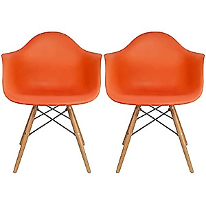 2xhome Plastic Armchair Dining Chairs, Orange - Natural Leg