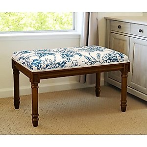 Navy Bench with Wood Stain Finish Blue Floral Classic Pattern Linen Solid