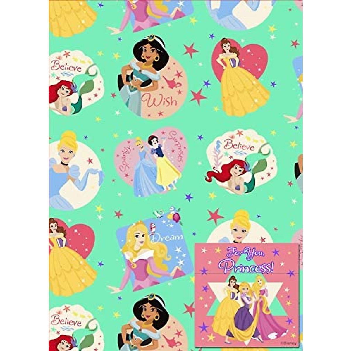 Disney Princess 2 Sheets of Gift Wrap and 2 Gift Tags