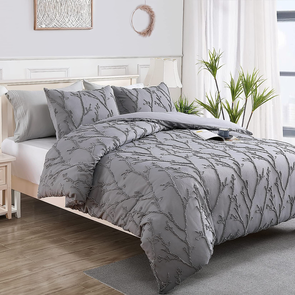 GlowSol Grey Duvet Covet Set Branches Jacquard Tufted Pattern, 3 Pieces Bedding Set Super Soft Embroidery Shabby Chic Bedding Duvet Cover, 90"×90" + 20"×26"×2