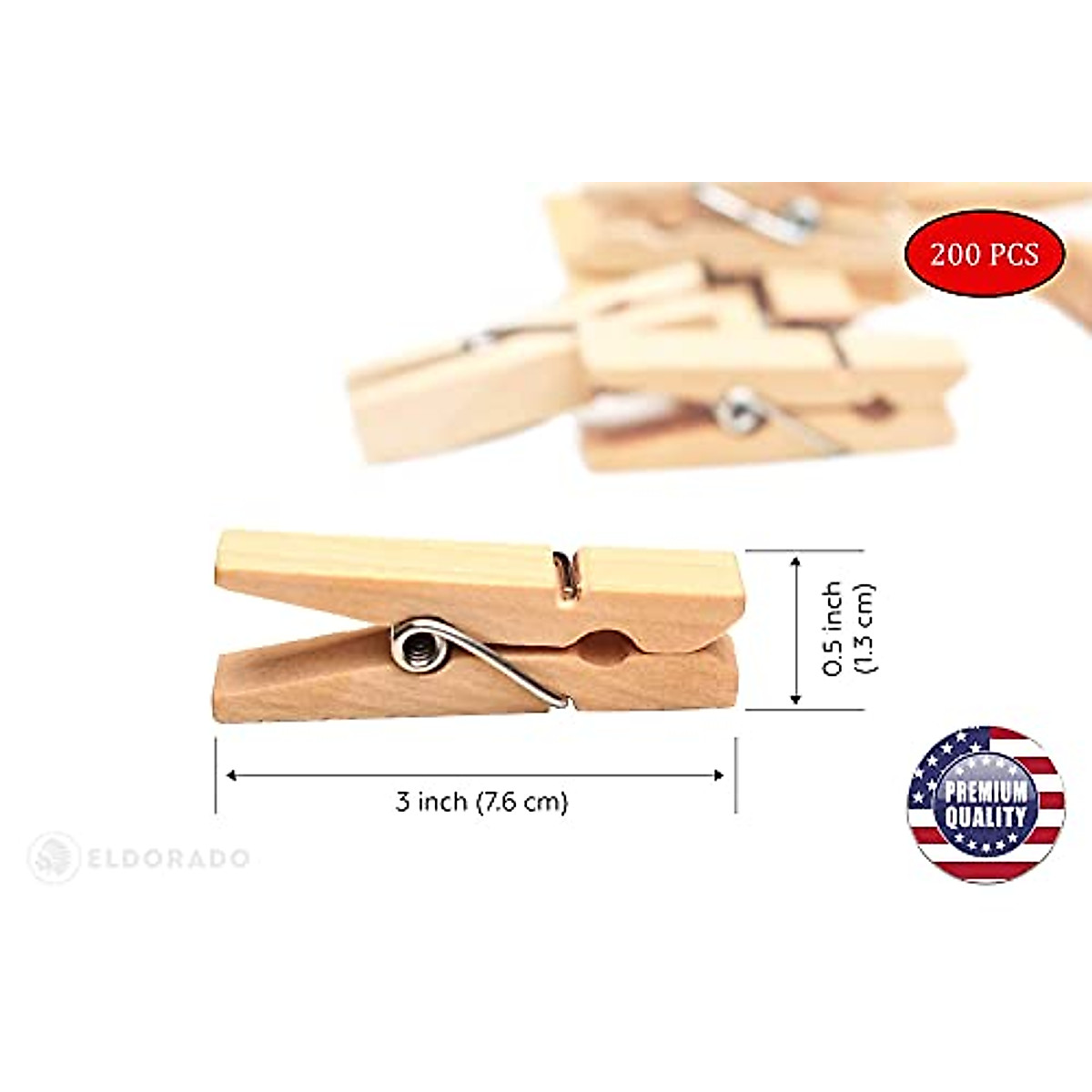 Eldorado Clothespins, Standard Natural Wooden, Stain Proof, 3 inch, 200 Value Pack, for Multipurpose Everyday Laundry, Clothes, Towels, Craft, Photos, Pictures, Decor, Baby Shower, Art Wall