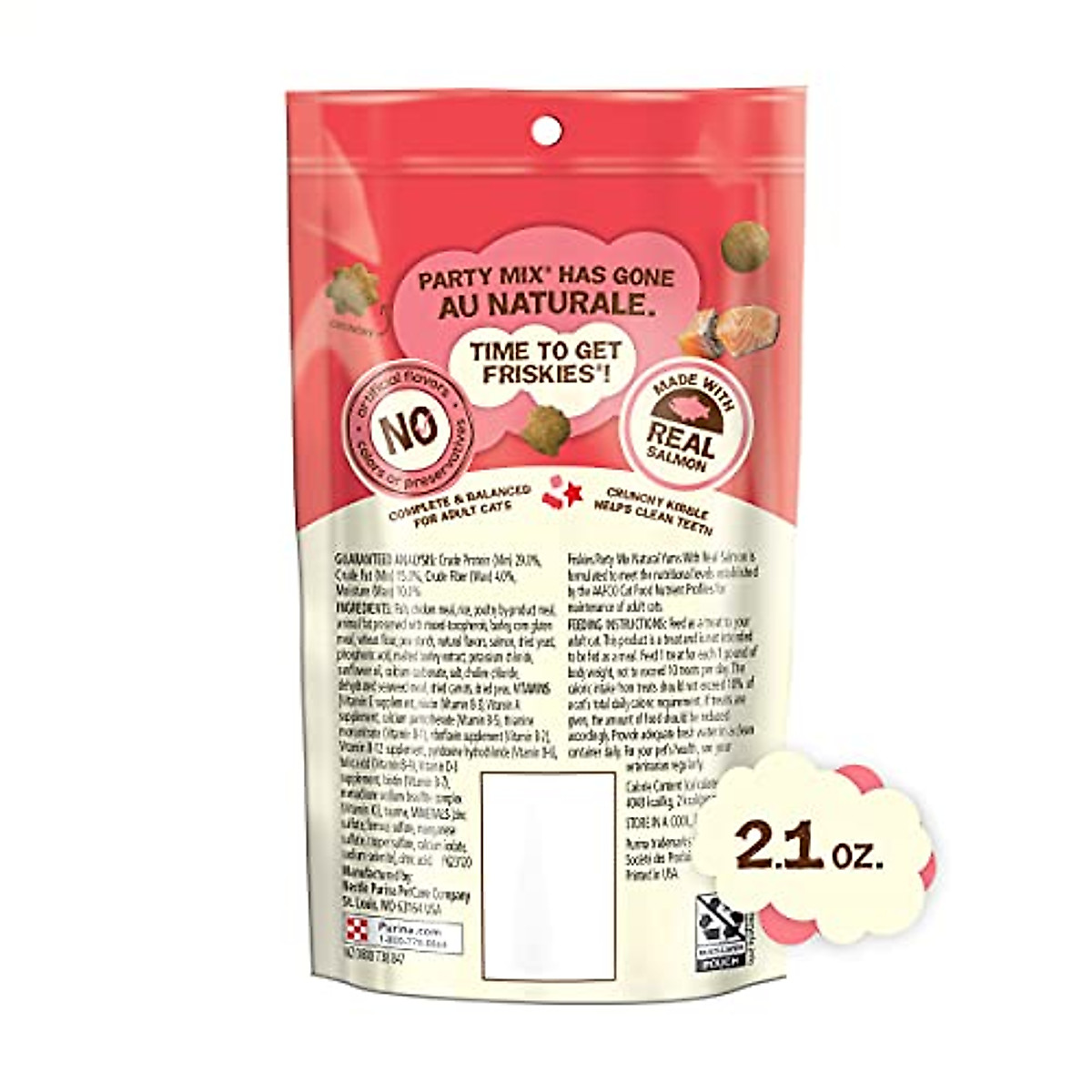 Purina Friskies Natural Cat Treats, Party Mix Natural Yums With Real Salmon and Vitamins, Minerals & Nutrients - (10) 2.1 oz. Pouches