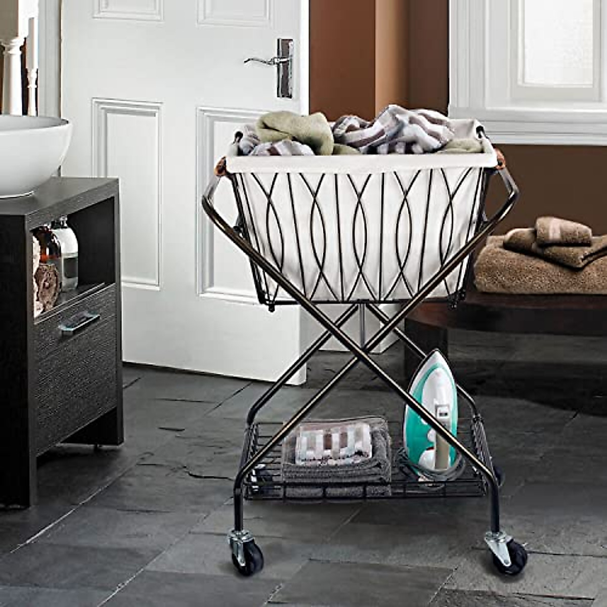 Artesa Verona Collapsible Laundry Cart with Basket, Black