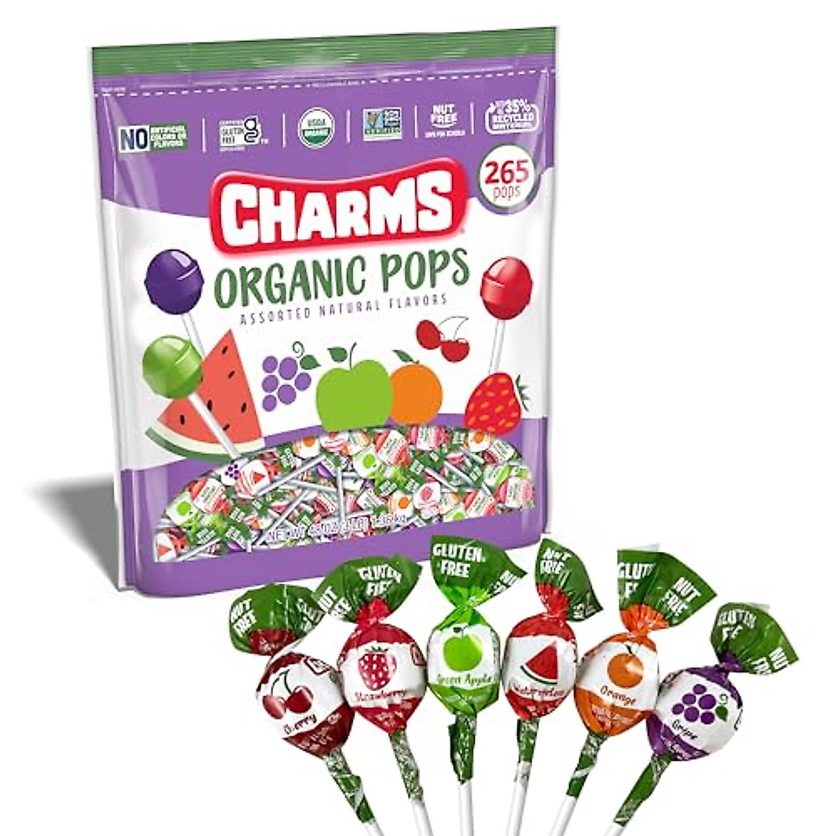Charms Organic Pops (265 Count) – USDA Organic Fruit Candy Lollipops Made with All Natural Flavors and Ingredients – Dye-Free, Gluten- Free, Non-GMO, 3 lb Resealable Bag