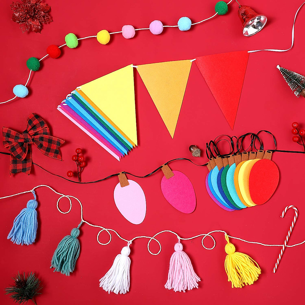 4 Pieces Colorful Garland Banner Felt Balls Garland Tassel Triangle Flags Light Bulb Banners for Christmas Holiday Wedding Party Wall Decorations