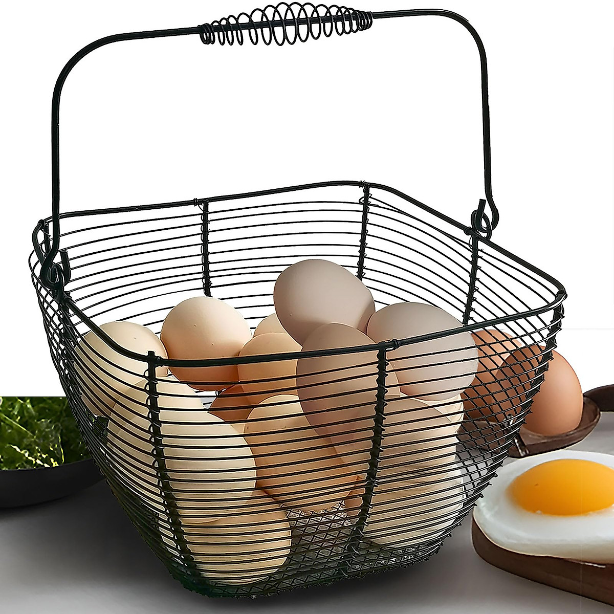 Black Square Wire Egg Basket For Fresh Egg with Handle,Famhouse Small Metal Egg Collecting Basket for Gathering Fresh Eggs Chicken Basket Decor for Kitchen Countertop Rustic Style