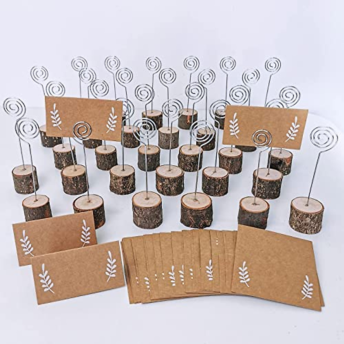 30 Pcs Rustic Wood Place Card Holders with Swirl Wire Wooden Bark Memo Holder Stand Card Photo Picture Note Clip Holders 5.8" and Kraft Place Cards Bulk for Wedding Party Table Number Name Sign