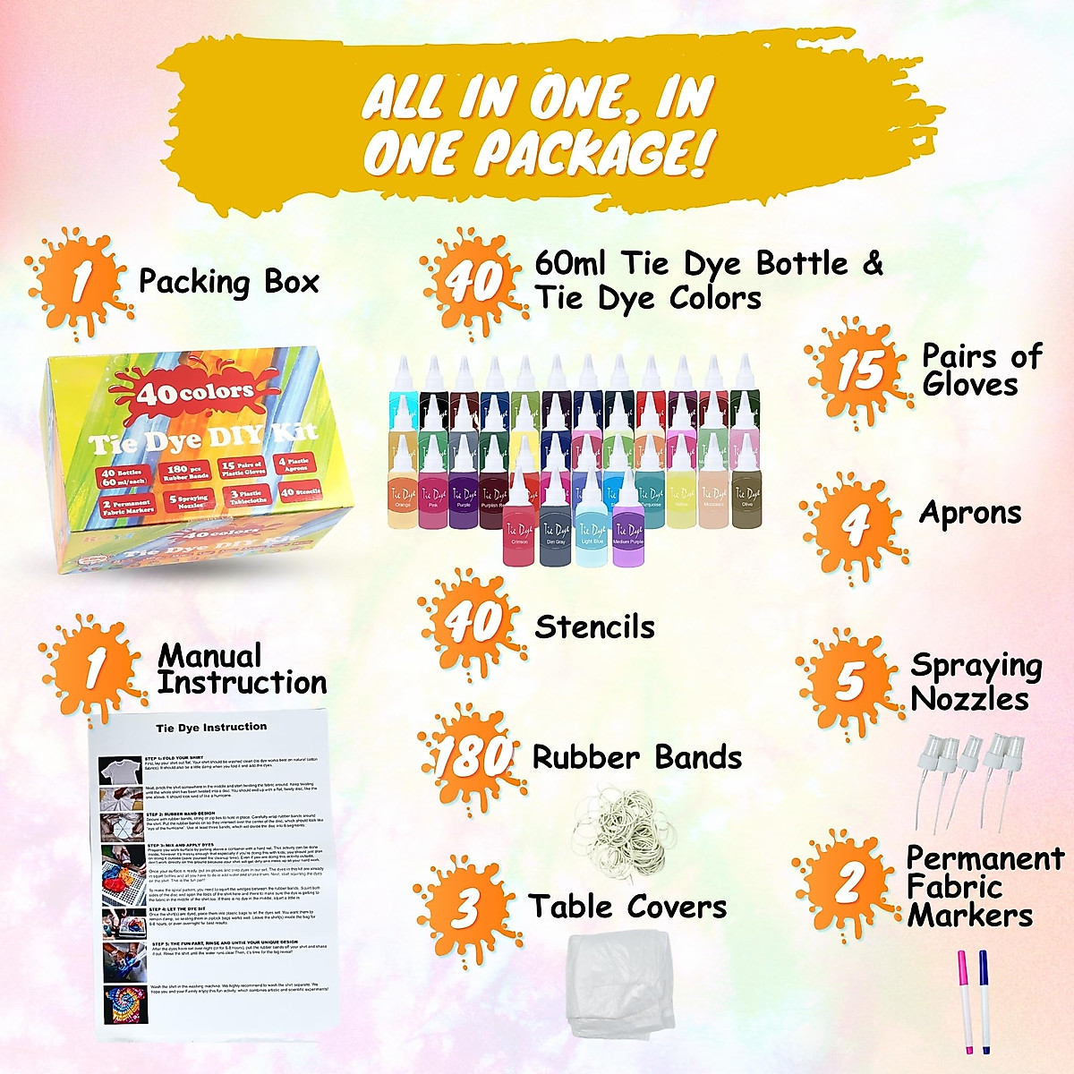 Tie Dye Kit for Kids & Adults - Complete DIY Tie Dye Set w/Tie Dye Powder in Tie Dye Refill Packets -Fun Kids Tie Dye Kit w/Nozzle Spray Tie Dye Kit for Fabric - Dye for Clothing (Pack of 40, 60 ml)