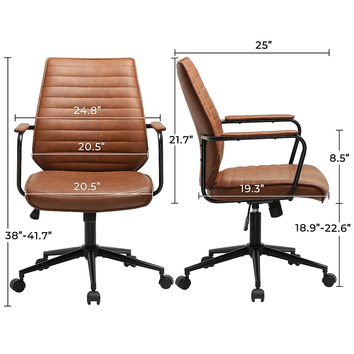 Brown Leather Office Chair, Ergonomic Mid-Back Executive Conference Task Chair, Ribbed Height Adjustable Swivel Rolling Chair for Home Office (Brown)