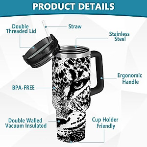 Flradish 30oz Tumbler with Handle, White Black Leopard Portrait Stainless Steel Tumbler with Lid and Straws Double Wall Vacuum Insulated Leakproof Coffee Travel Mug