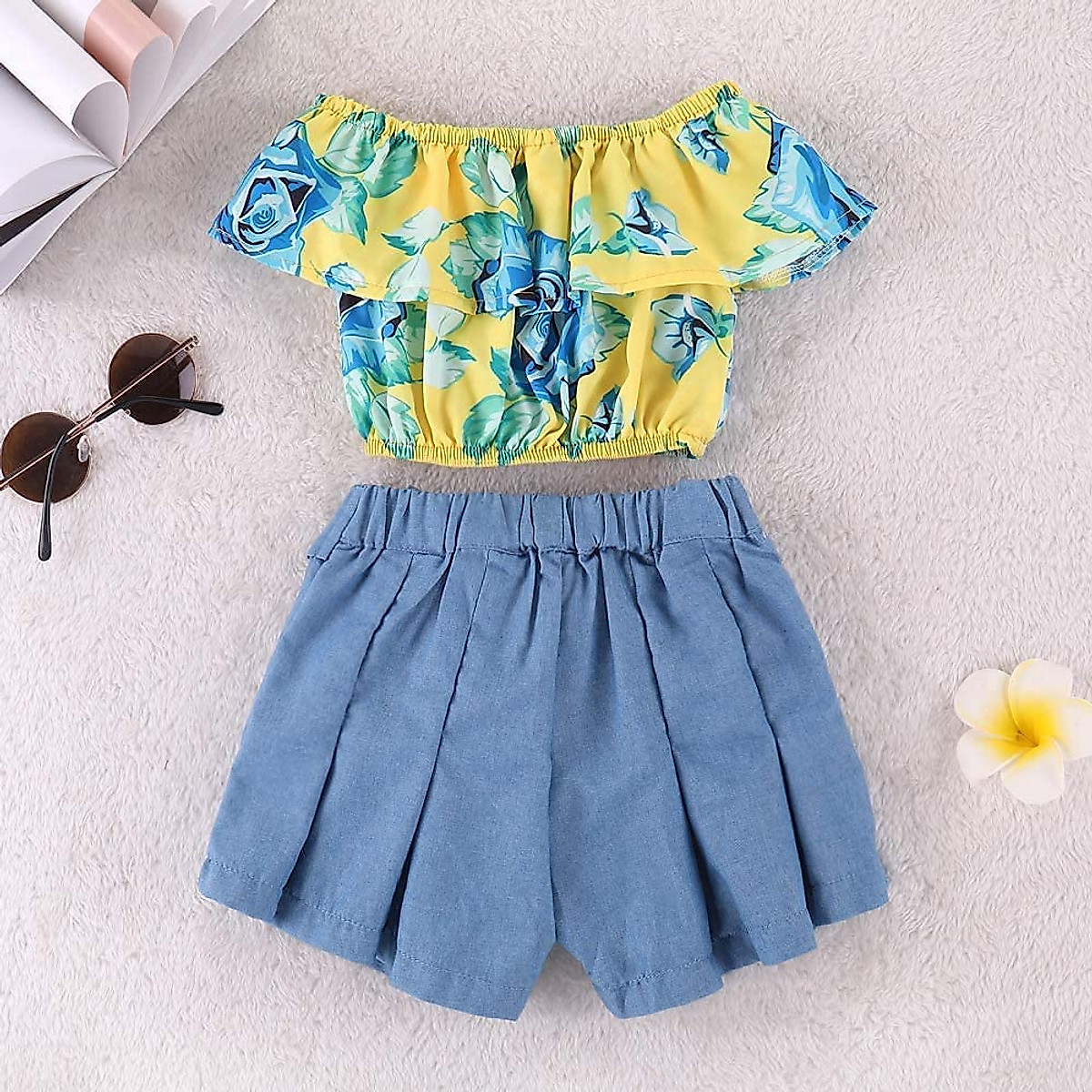 Kids Baby Girls Outfits Floral Ruffle Off Shoulder Crop Tops + Bowknot Denim Shorts Skirt Set Toddler Summer Clothes (5-6 Years, Blue)