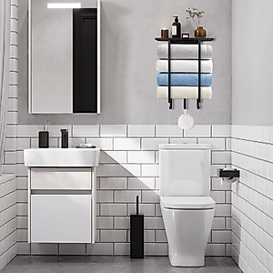 ELITEROO Towel Holder for Bathroom Wall, Towel Rack with Shelf and Hooks, Hanging Towel Organizer for Small Bathroom Storage, Wooden Rolled Towel Shelf for RV, Camper, Black