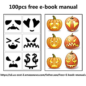 FATHER.SON 8PCS Halloween Pumpkin Carving Tools Kit & 2 LED Candles light & 100 Stencils Ebook & Instructions Packing With Stylish Pen Bags, Jack-O-Lanterns Professional DIY Stainless Steel Set